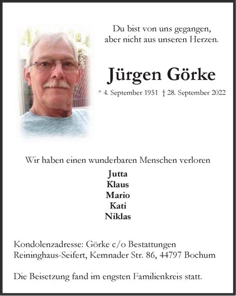 Traueranzeigen von Jürgen Görke Trauer in NRW de
