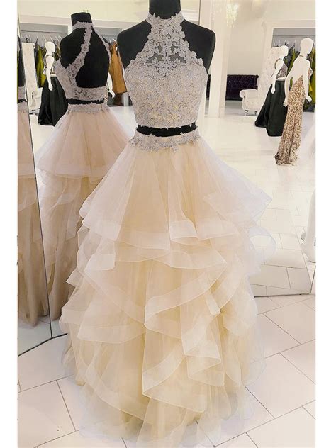 Two Piece Prom Dresses Halter A Line Sexy Long Beautiful Prom Dress Jk Anna Promdress