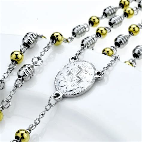 Stainless Steel Rosary Necklace Virgen De Guadalupe Ball Bead Necklace