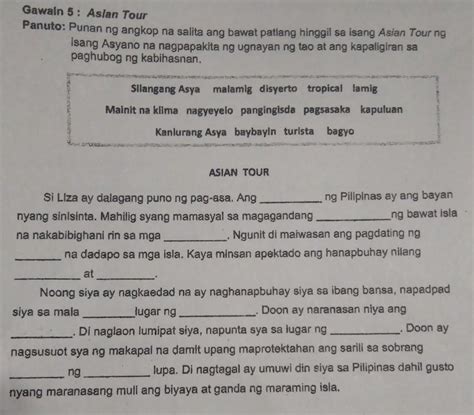 Gawaln 5 Asian Tour Panuto Punan Ng Angkop Na Salita Ang Bawat