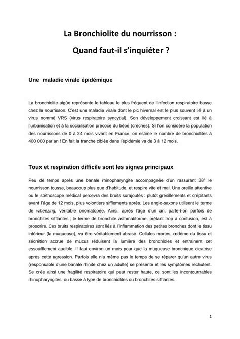 Pdf La Bronchiolite Du Nourrisson Quand Faut Il Sinqui Ter La