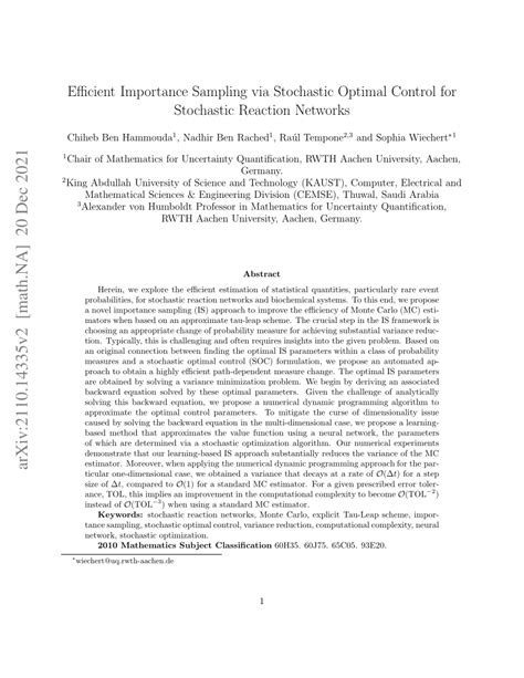 pdf optimal importance sampling via stochastic optimal control for stochastic reaction networks
