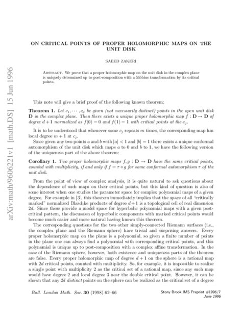 pdf on critical points of proper holomorphic maps on the unit disk saeed zakeri