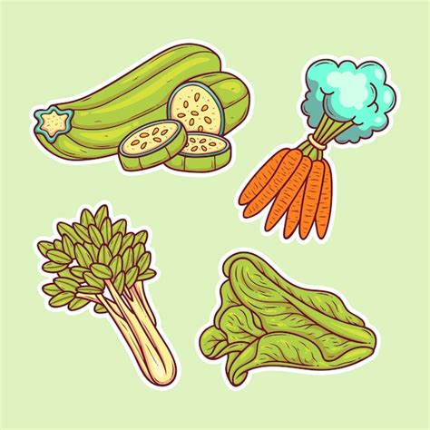 Iconos De La Etiqueta Engomada De Verduras Dibujado A Mano Para