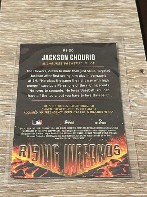 Jackson Chourio 2024 Bowman Baseball Rising Infernos RI 20 Milwaukee