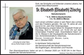 Traueranzeigen von Elisabeth Zöschg Trauer bz