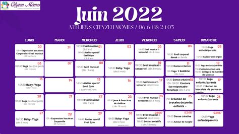Planning des ateliers du mois de juin 2022 Cityzen Mômes