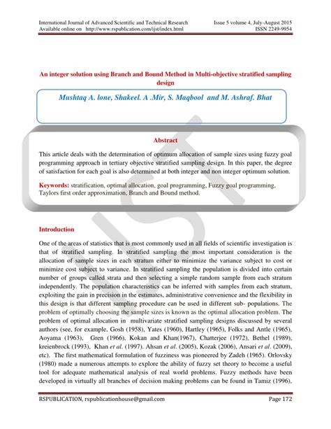 pdf an integer solution using branch and bound method in multi objective stratified sampling