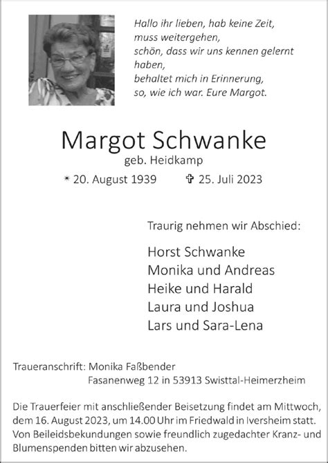 Traueranzeigen Von Margot Schwanke WirTrauern