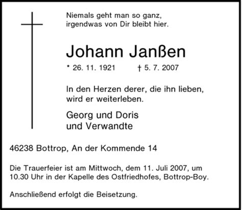 Traueranzeigen von Johann Janßen Trauer in NRW de