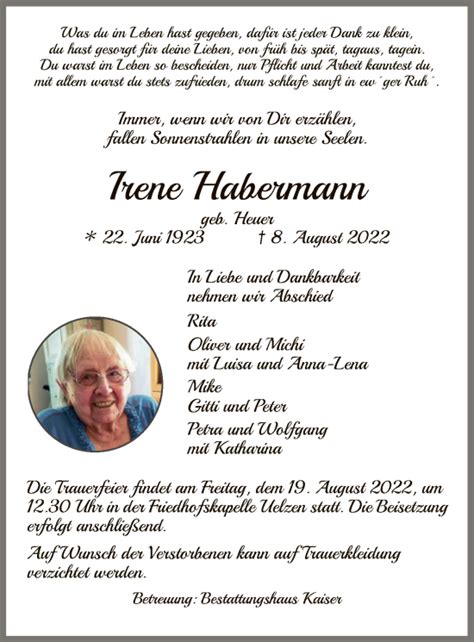 Traueranzeigen Von Irene Habermann AZ Trauer De