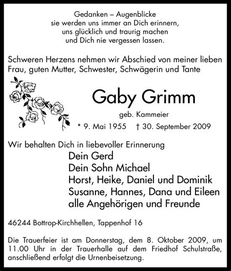 Traueranzeigen Von Gaby Grimm Trauer In NRW De