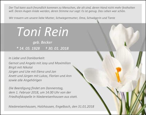 Traueranzeigen Von Toni Rein Vrm Trauer De