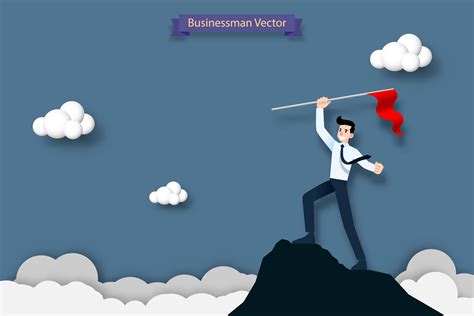 Happy Businessman Holding A Red Flag On The Top Of The High Mountain