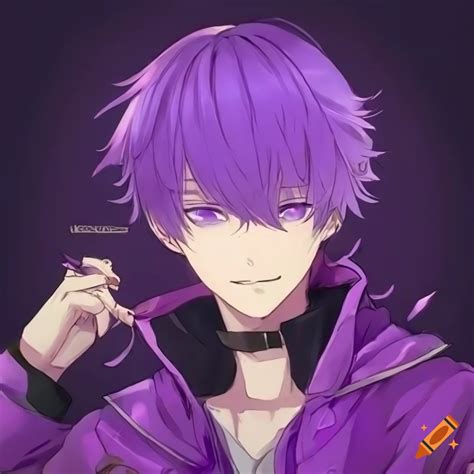 Anime Guy With Purple Hair Purple Eyes And A Purple Jacket On Craiyon