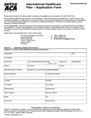 Fillable Online International Healthcare Plan Application Form Aetna