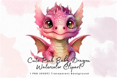 Cute Pink Baby Dragon Watercolor Clipart Graphic By Dhananach