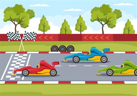Formula Racing Sport Car Reach On Race Circuit The Finish Line Cartoon