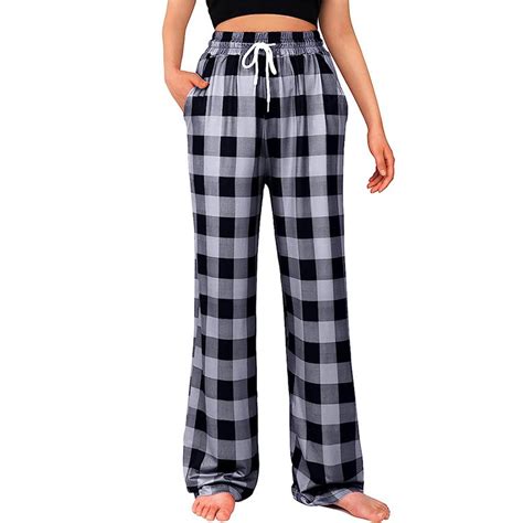 Classic Plaid Pants Womans Soft Drawcord Elastic Waist Wide Leg Lounge