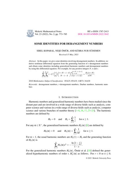 pdf some identities for derangement numbers