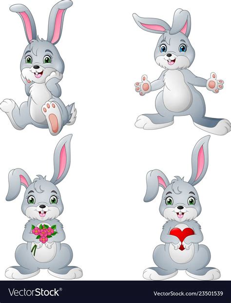 Four Cartoon Rabbits With Different Poses And Expressions