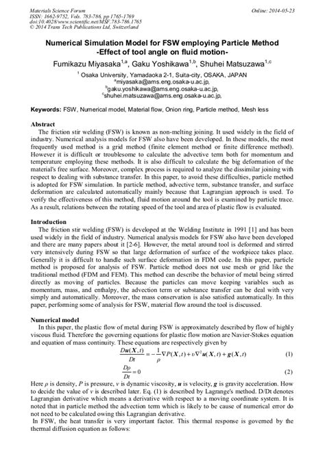 numerical simulation model for fsw employing particle method effect of tool angle on fluid