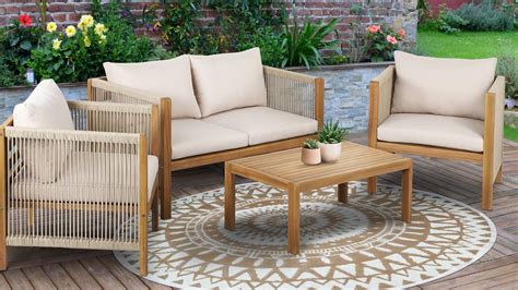 Salon De Jardin 4 Places En Bois D Acacia Et Corde Coussins Beige