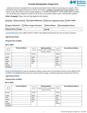 Fillable Online Provider Demographic Change Form Bluecrossmn Fax