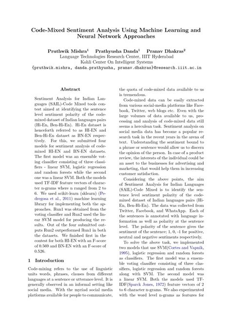 code mixed sentiment analysis using machine learning and neural network approaches deepai