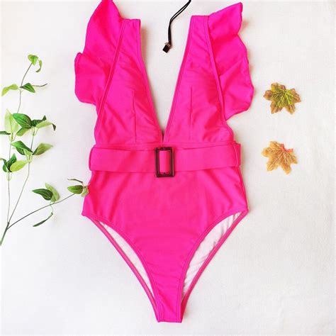 2021 New Sexy One Piece Swimsuit Women Ruffle Swimwear Bodysuit Swimsuit Push Up Monokini Solid
