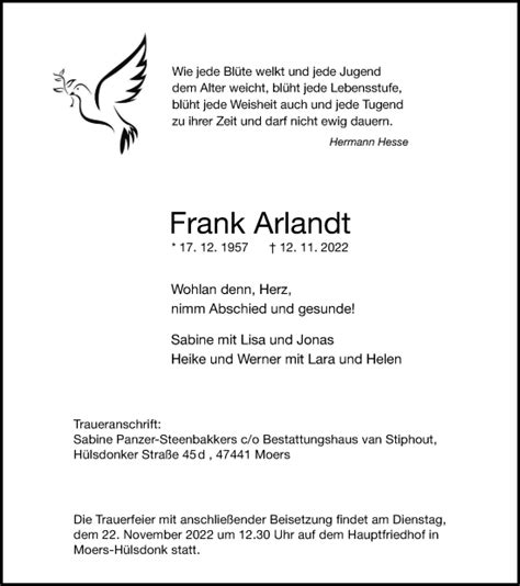 Traueranzeigen Von Frank Arlandt Trauer In NRW De