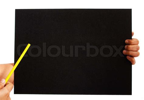 Hånd og Pointer der peger på en Blank Black Board Stock foto Colourbox