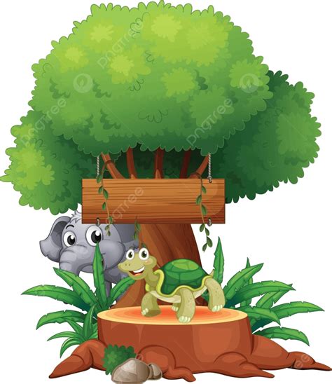 Signpost Tree A Playful Turtle And Majestic Elephant Share The Shade