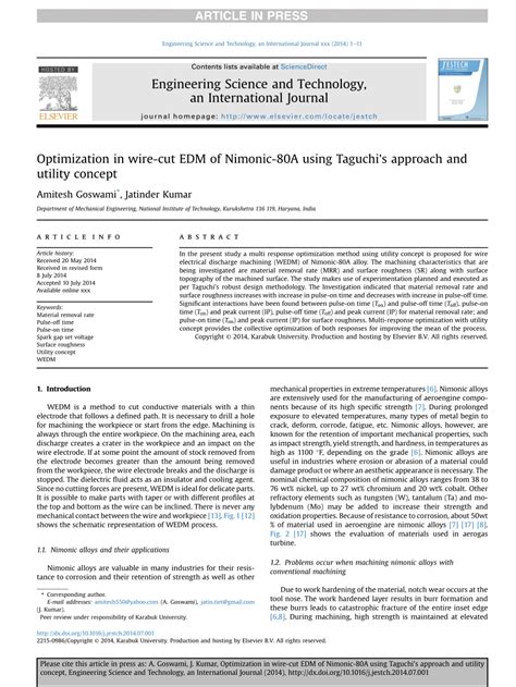 pdf optimization in wire cut edm of nimonic 80a using taguchi s approach and utility concept