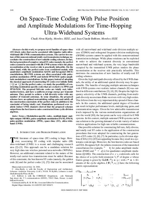 pdf on space time coding with pulse position and amplitude modulations for time hopping ultra