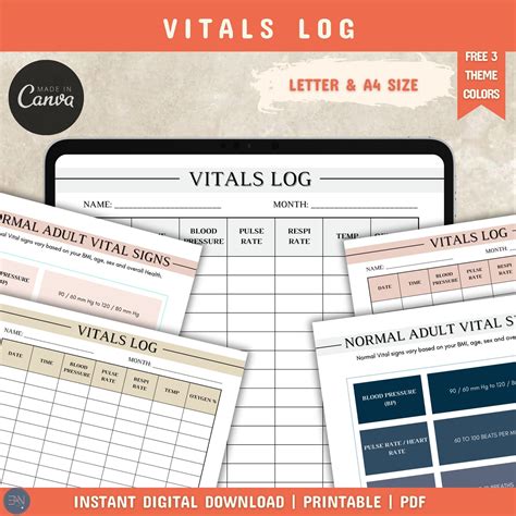 Printable Vitals Log Blood Pressure Log Vital Sign Sheet Log Vital