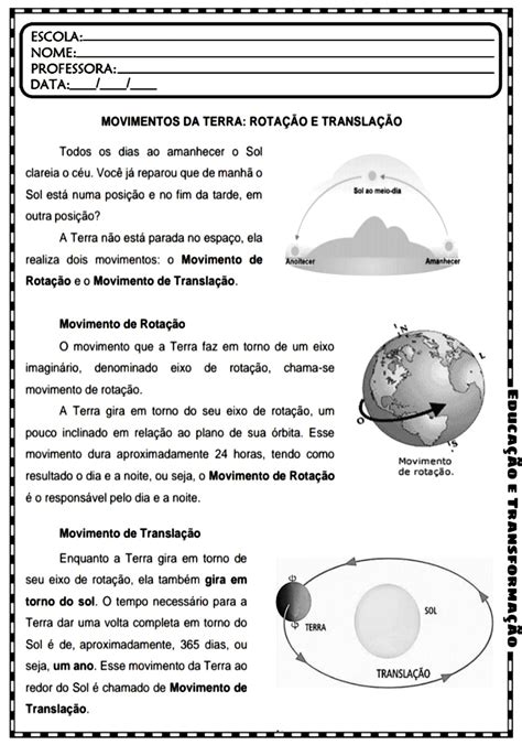 Atividade Sobre Os Movimentos Da Terra REVOEDUCA