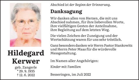 Traueranzeigen Von Hildegard Kerwer Saarbruecker Zeitung Trauer De
