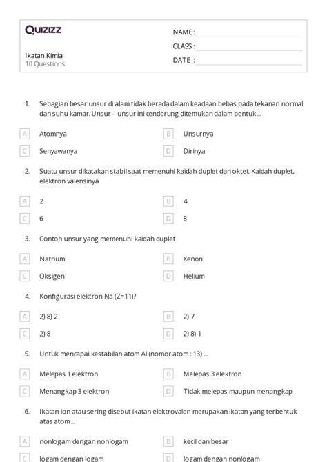 50 Lembar Kerja Ikatan Kimia Untuk Kelas 10 Di Quizizz Gratis