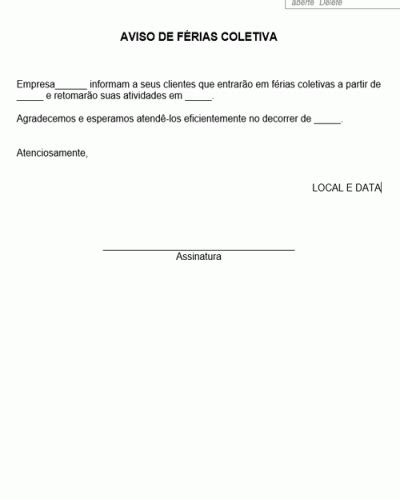 Modelo de Aviso de Férias Coletivas Modelo Simples
