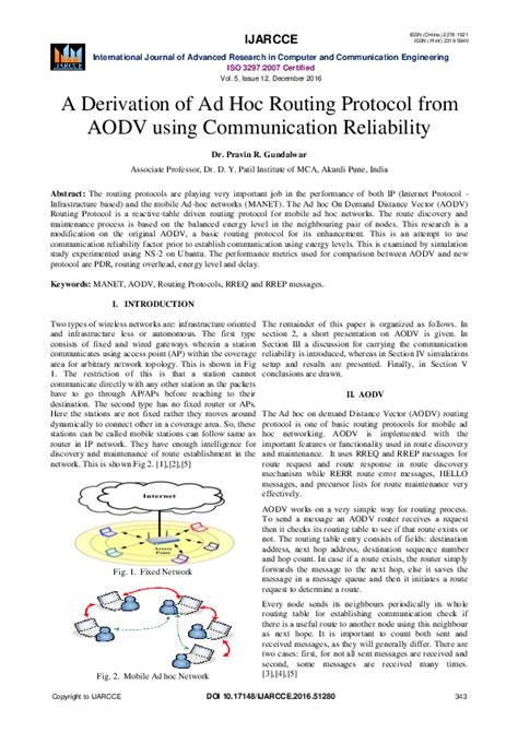pdf a derivation of ad hoc routing protocol from aodv using communication reliability pravin