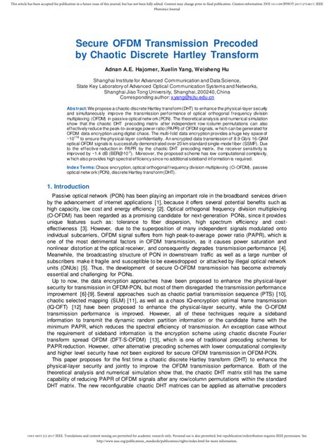 pdf secure ofdm transmission precoded by chaotic discrete hartley transform