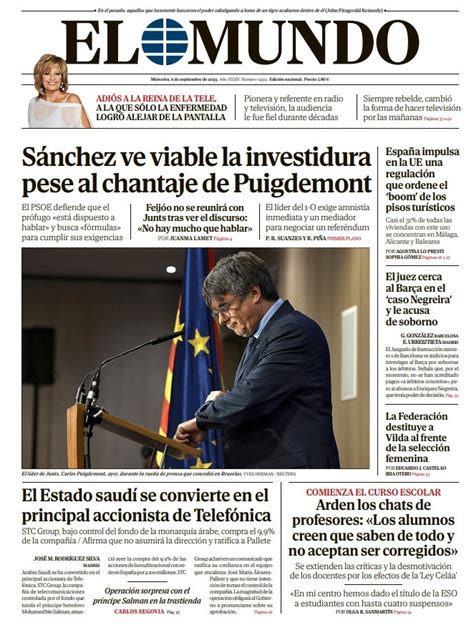 Portada de EL MUNDO del miércoles 6 de septiembre de 2023 Medios