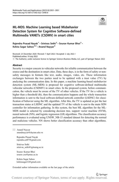 ml mds machine learning based misbehavior detection system for cognitive software defined