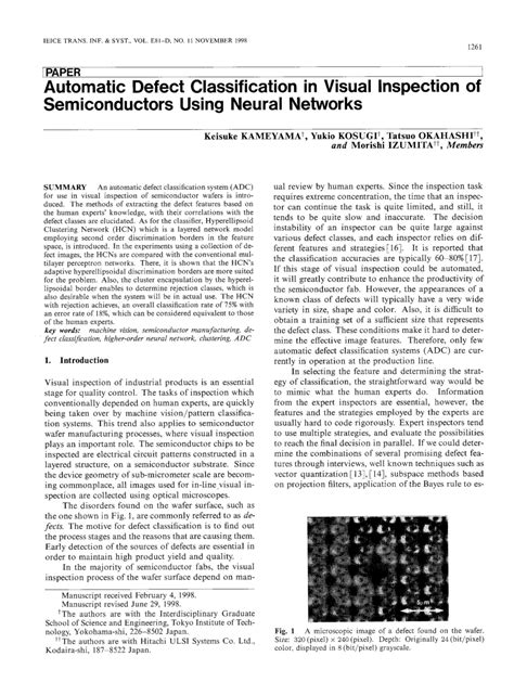 pdf automatic defect classification in visual inspection of semiconductors using neural networks