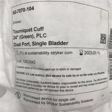 ZIMMER 60 7070 104 Tourniquet Cuff Dual Port Single Bladder Green