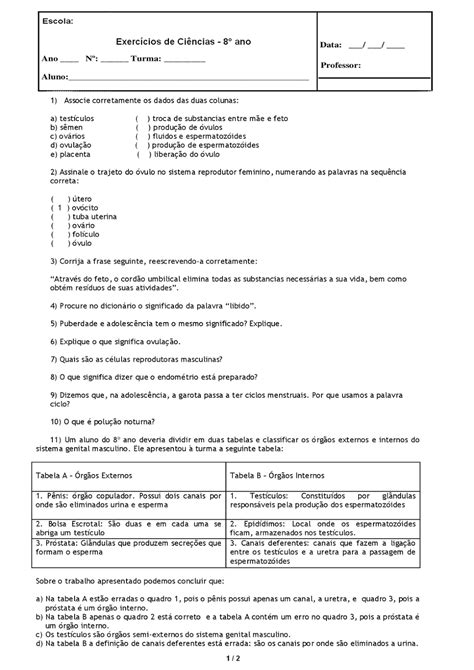 Atividade Sobre Puberdade 8 Ano LIBRAIN