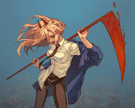 Wallpaper Power Chainsaw Man Scythe Blonde Horns Blue Background