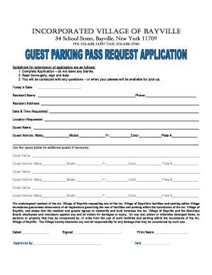 Fillable Online Guest Parking Pass Request Application Bayville NY