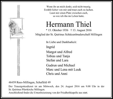 Traueranzeigen Von Hermann Thiel Trauer In NRW De